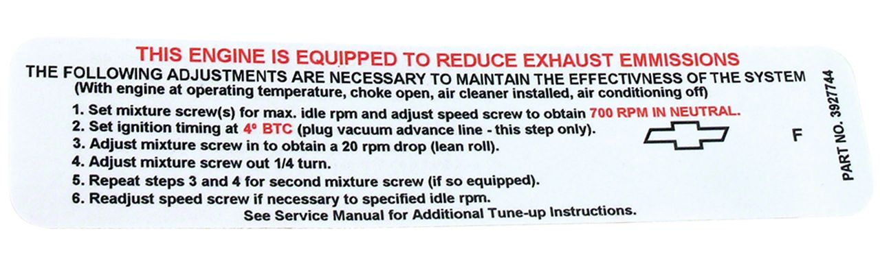 CA Ecklers Manual 390 Horsepower Emission Label 0203 (1968 Corvette C3)