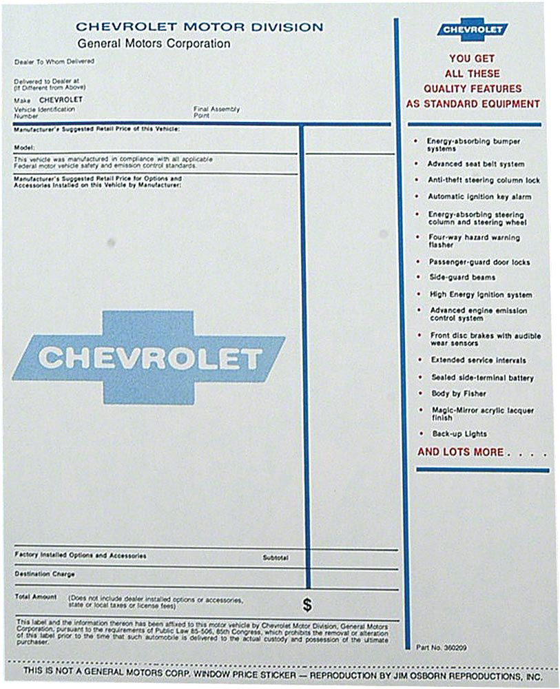 Ecklers Camaro New Car Window Sticker, 1974-1975