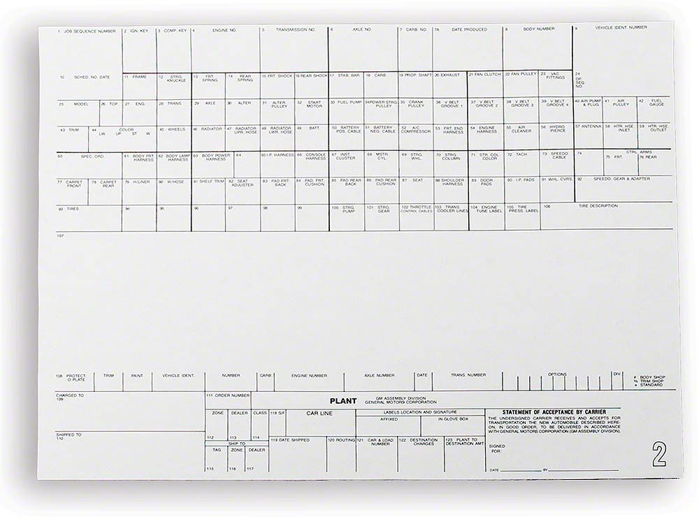 Ecklers 70 NEW VEHICLE FACTORY BUILD SHEET