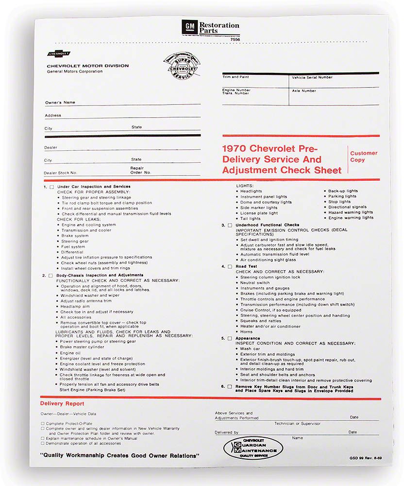 Ecklers Pre-Delivery Inspection Sheet (1970 Camaro)