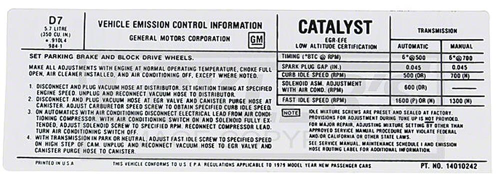 Ecklers Emission Decal, 350 c.i. 4 Barrel 5.7, Automatic Or Manual ...