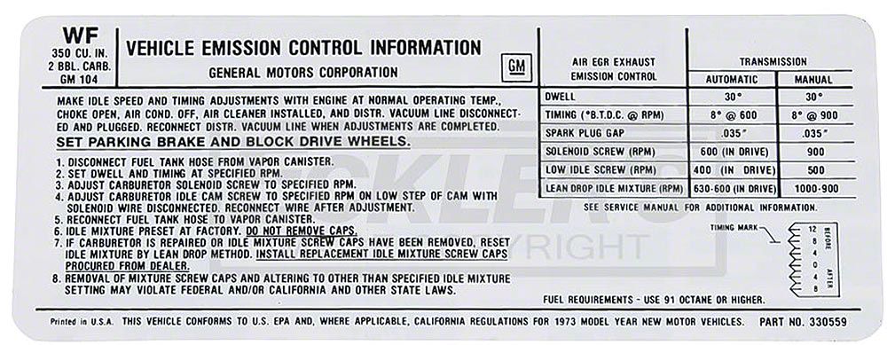 Ecklers El Camino Emission Decals 350 c.i. 2 Barrel, Automatic Or Manual Transmission, Code WF, 1973