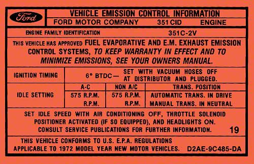 Ecklers Emmissions Decal/ 351-2v A/t Before 1-1-72/ 72 Ford